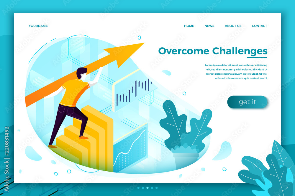 Vector concept illustration - man overcome challenges, profit stats ...