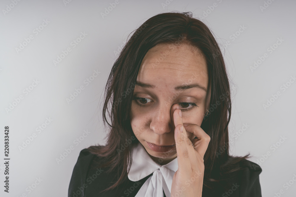 Girl scratching his eyes, face close-up. Woman poking around in the eye ...