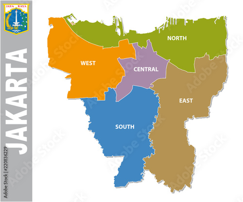 Colorful Jakarta administrative and political map with coat of arms ...