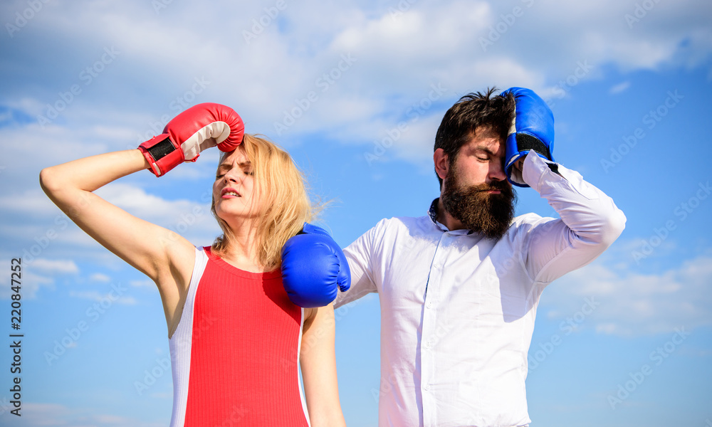 Couple boxing painful face suffer headache. Painful punch in head ...