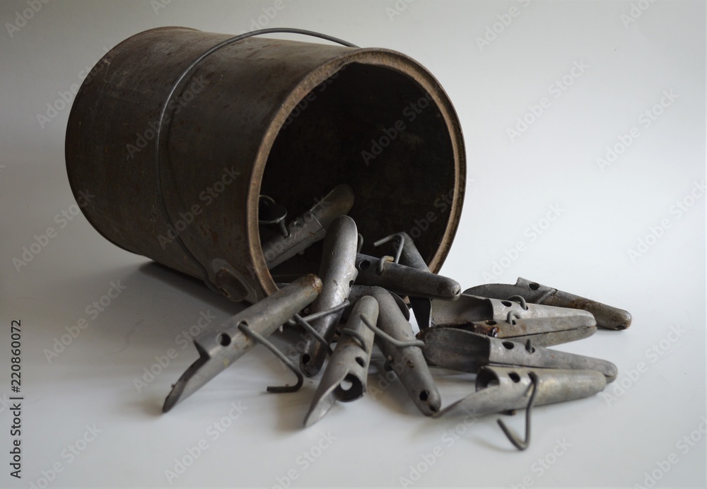 Old Bucket With Pile of Maple Syrup Taps Spiles Stock Photo | Adobe Stock
