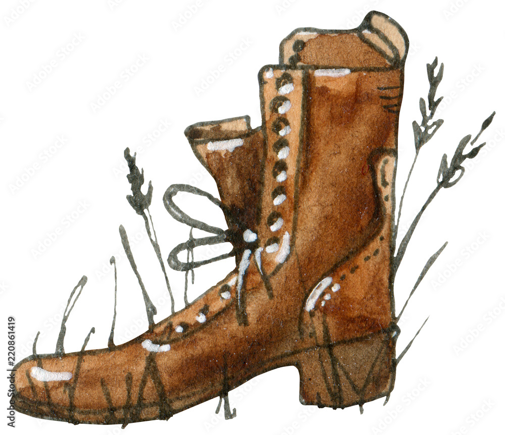 Watercolor and ink illustration of old boot portkey. Hand drawn object ...