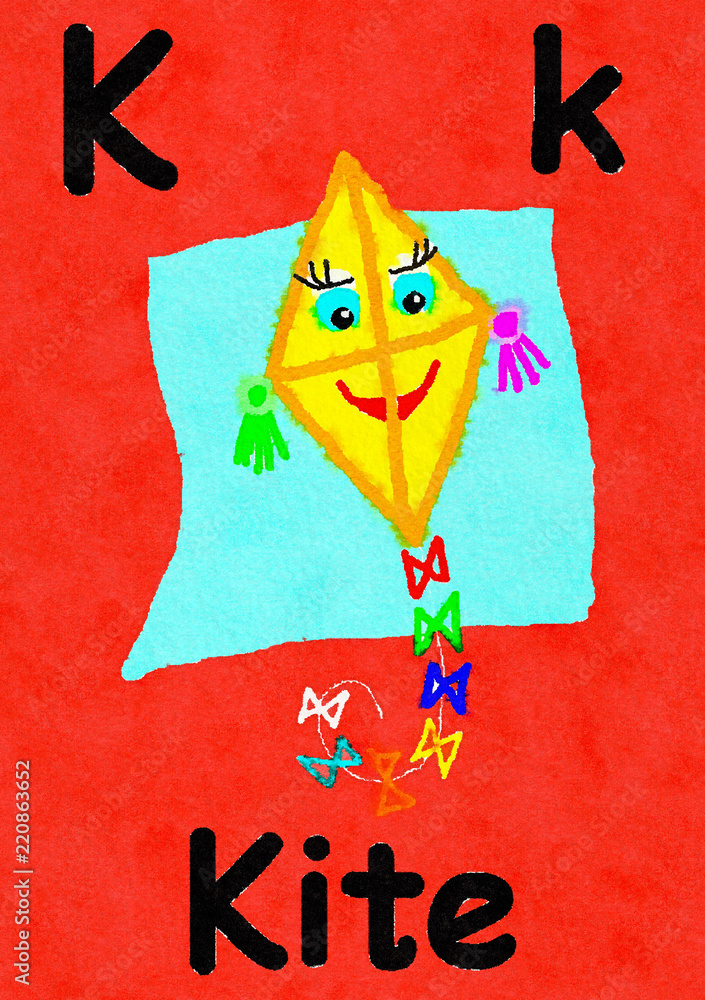 K is for kite. Watercolour cartoon painting of a kite with a face ...