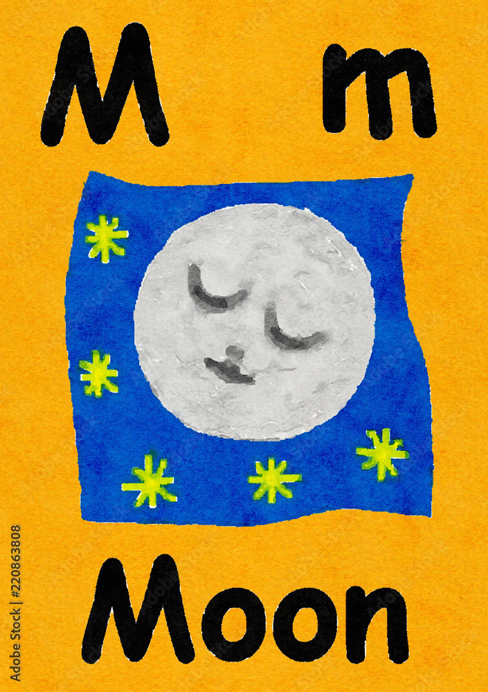 M is for moon. Watercolour cartoon painting of a sleeping moon face ...