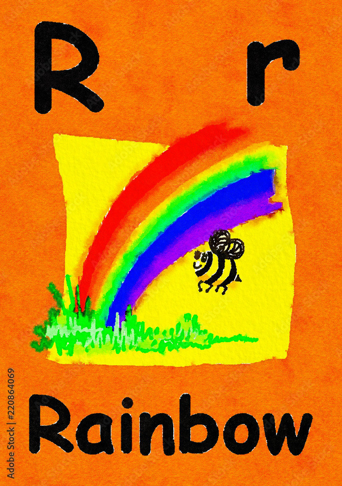 R is for rainbow. Watercolour cartoon painting of a rainbow and bee ...