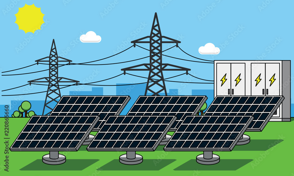 Solar power station with battery storage cartoon line illustration ...