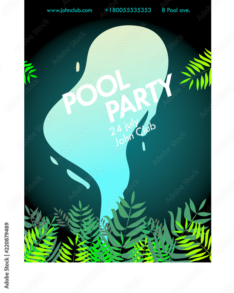 poster of party at the pool with tropical leaves on a dark background ...