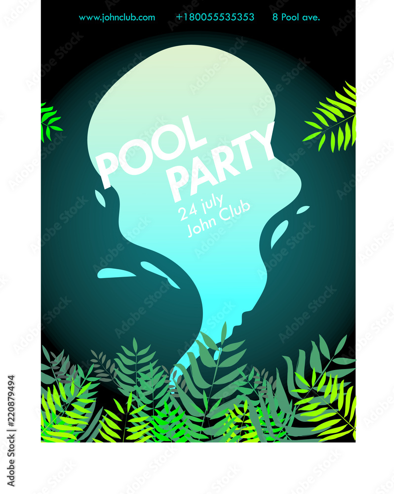 poster of party at the pool with tropical leaves on a dark background ...