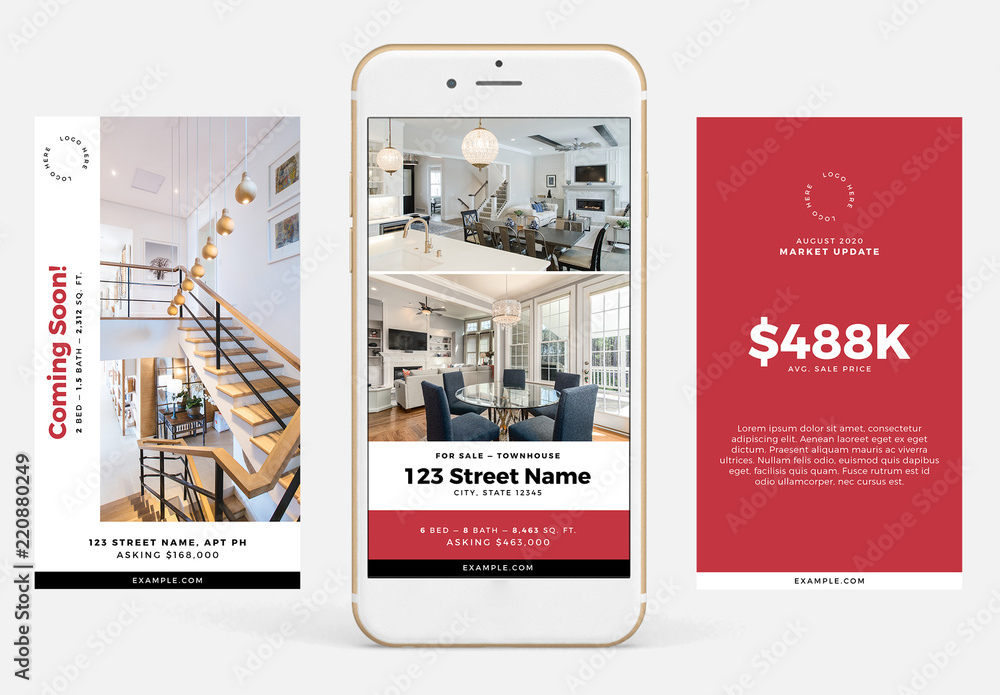 Realtor Social Stories Post Layout Set with Red Accents Stock Template ...