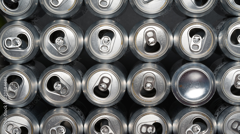 Stack of empty aluminum beer cans, front side view, close up, macro ...