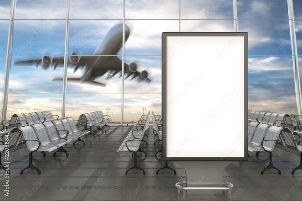Airport departure lounge with advertising billboard stand Stock ...