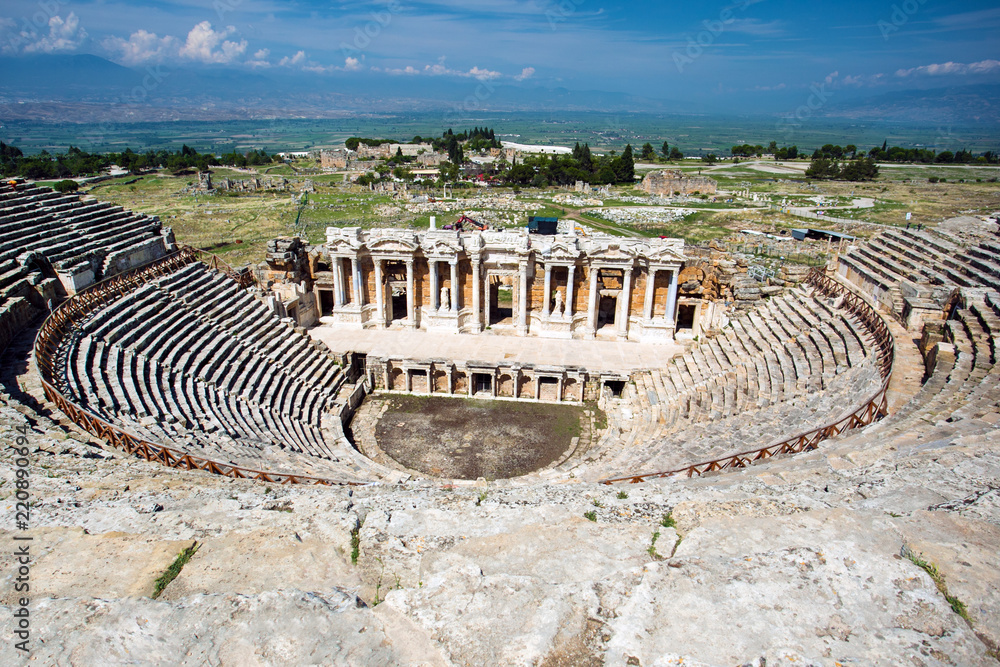 Roman amphitheatre in the Hierapolis, in Pamukkale, Turkey. Stock Photo ...