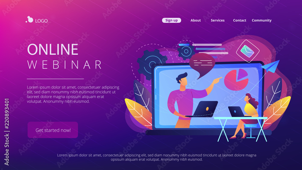 Student with laptop and lector at the LCD screen. Online webinar ...