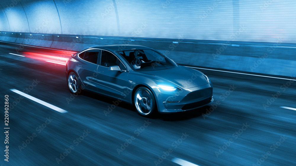 Modern Electric car rides through tunnel with cold blue light style 3d ...