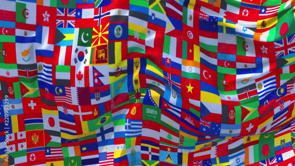 336. Word Multi Country Flag Waving in Wind Slow Motion Animation . 4K ...