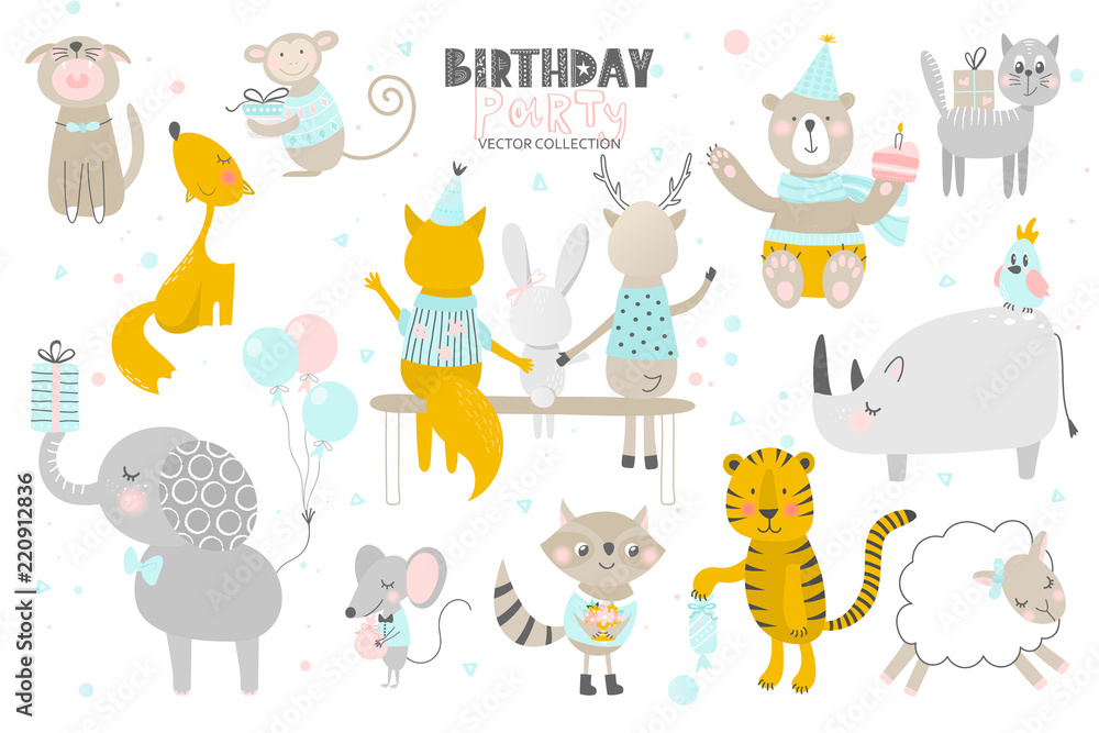Happy Birthday.Cute Animals hand drawn style. Vector collection. Stock ...