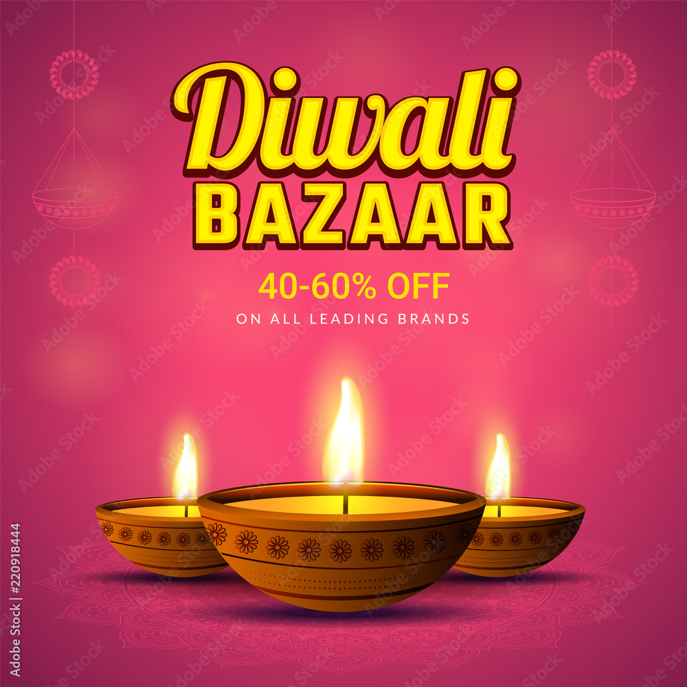 40-60% discount offer on Diwali Bazaar with illustration of illuminated oil lamps on shiny pink ...