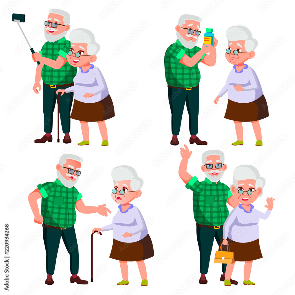 Elderly Couple Set Vector. Modern Grandparents. Old Age. With Glasses ...