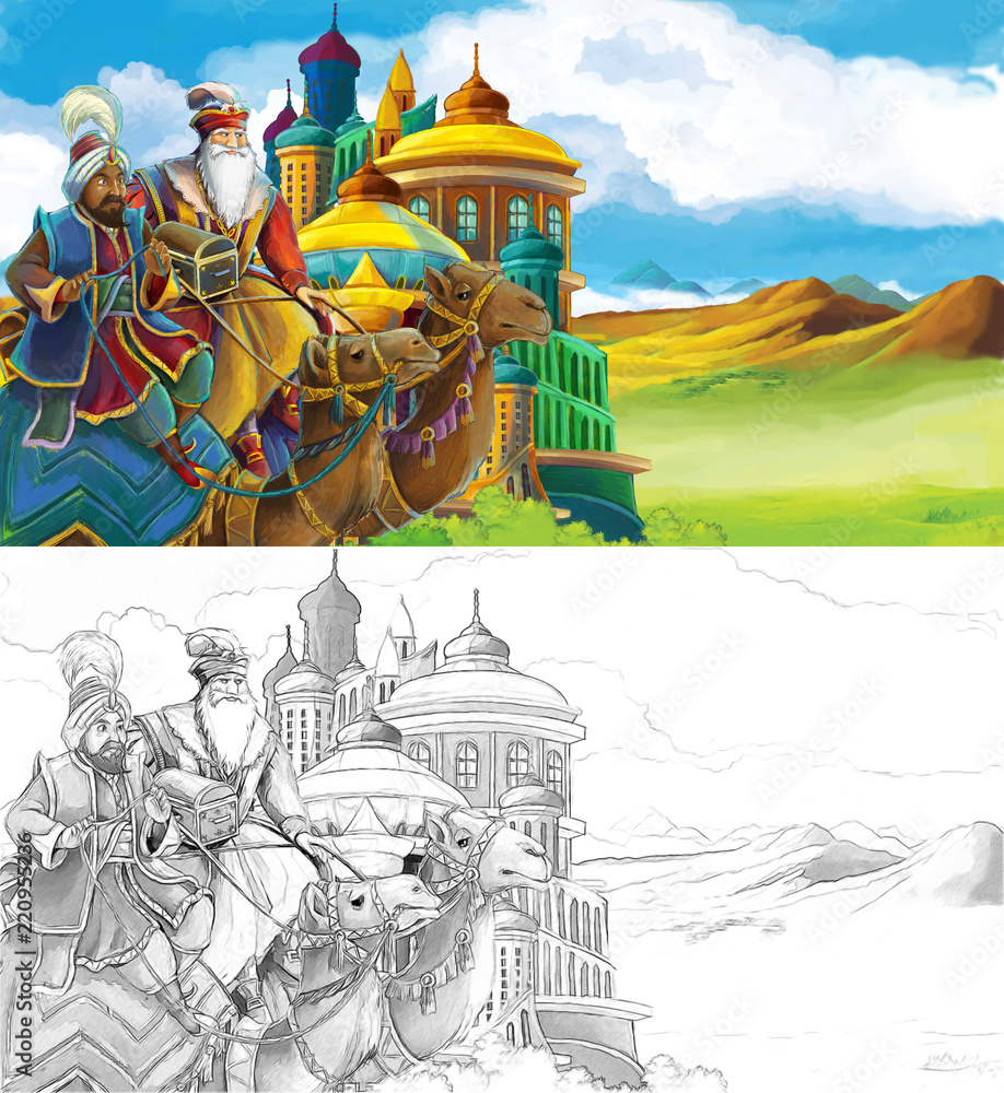 cartoon scene with princes or kings traveling near arabian castle on ...