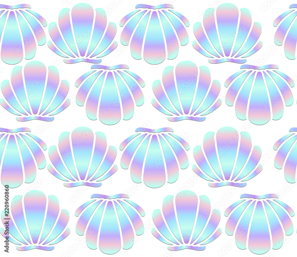 Holographic seashells seamless pattern on white background. Mermaid ...