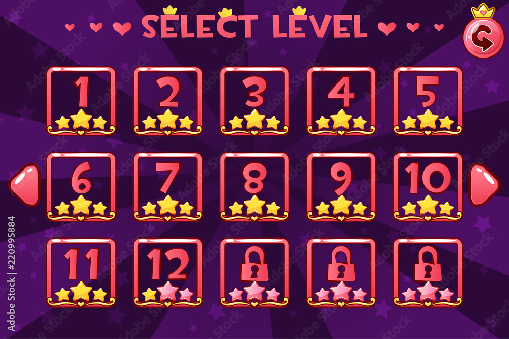 Princess girlis style Level select screen. Game ui set Stock Vector ...