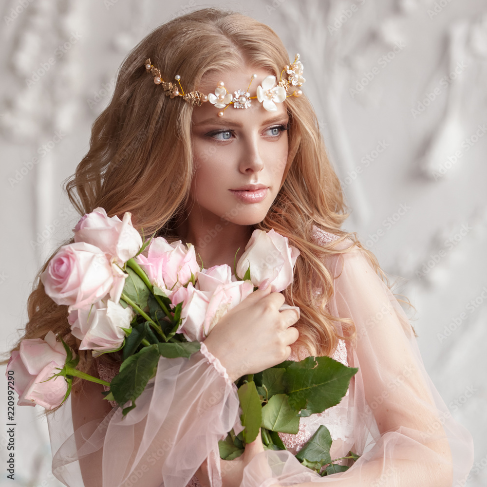 Delicate portrait of a young model girl. The image of the bride, a ...