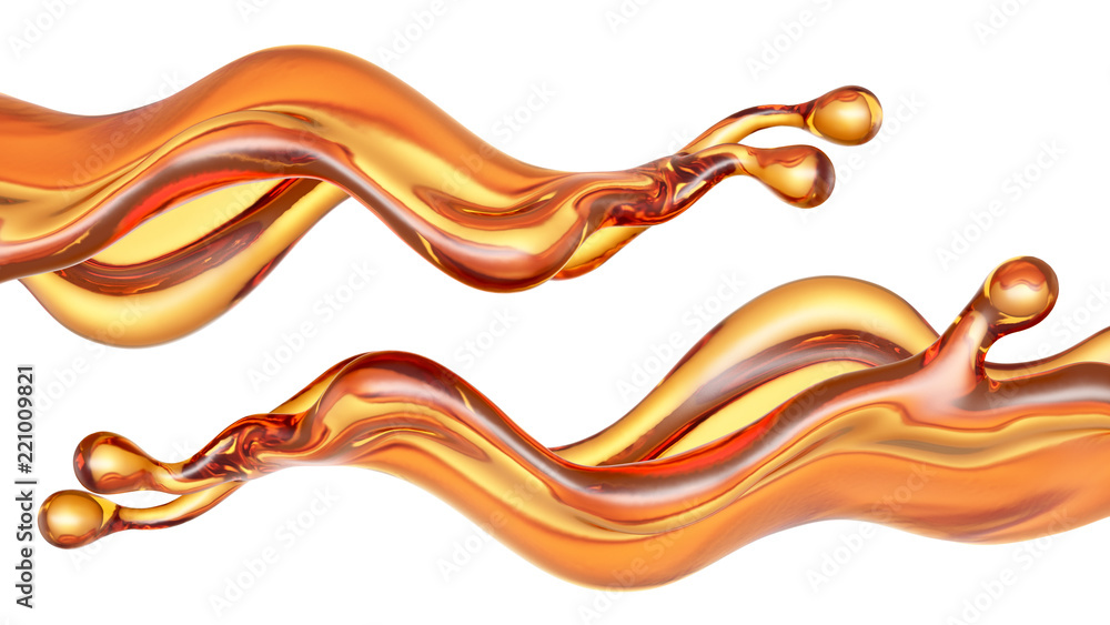 Splash of a transparent orange liquid on a white background. 3d ...