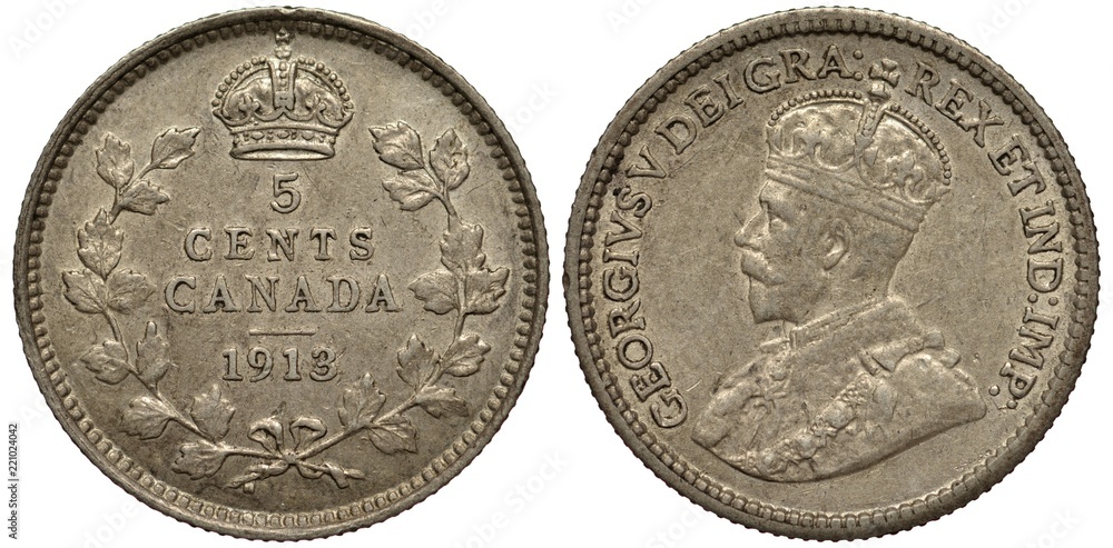 Foto de Canada Canadian silver coin 5 five cents 1913, face value surrounded by branches with ...