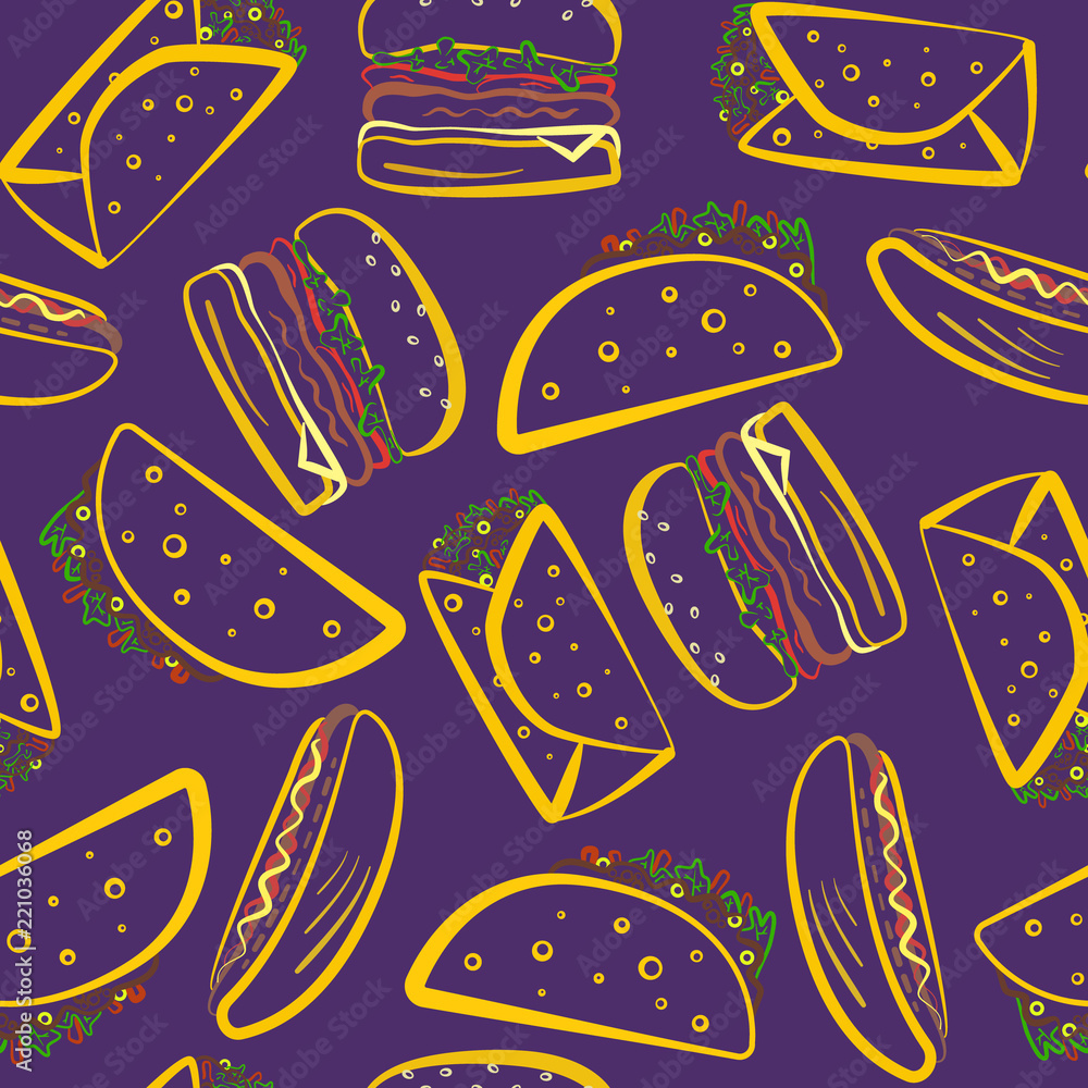 Bright purple seamless pattern with colored outline fast food symbols ...