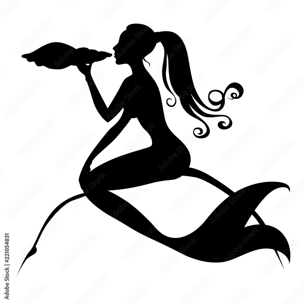 Silhouette of mermaid with a shell in stone Stock Vector | Adobe Stock