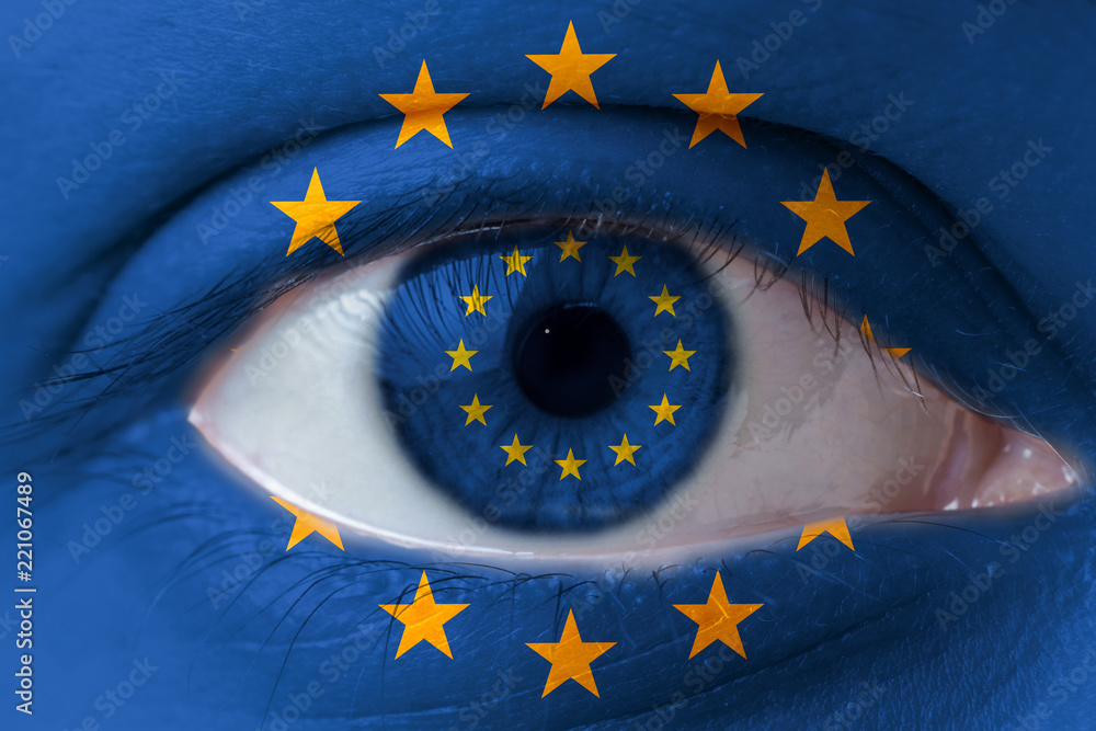 Human face painted with flag of European Union EU on the face and the ...