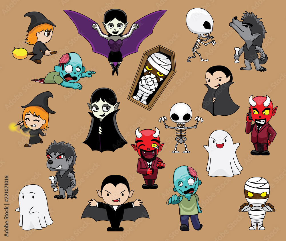 Various Halloween Cute Characters Werewolf Mummy Dracula Devil Ghost ...