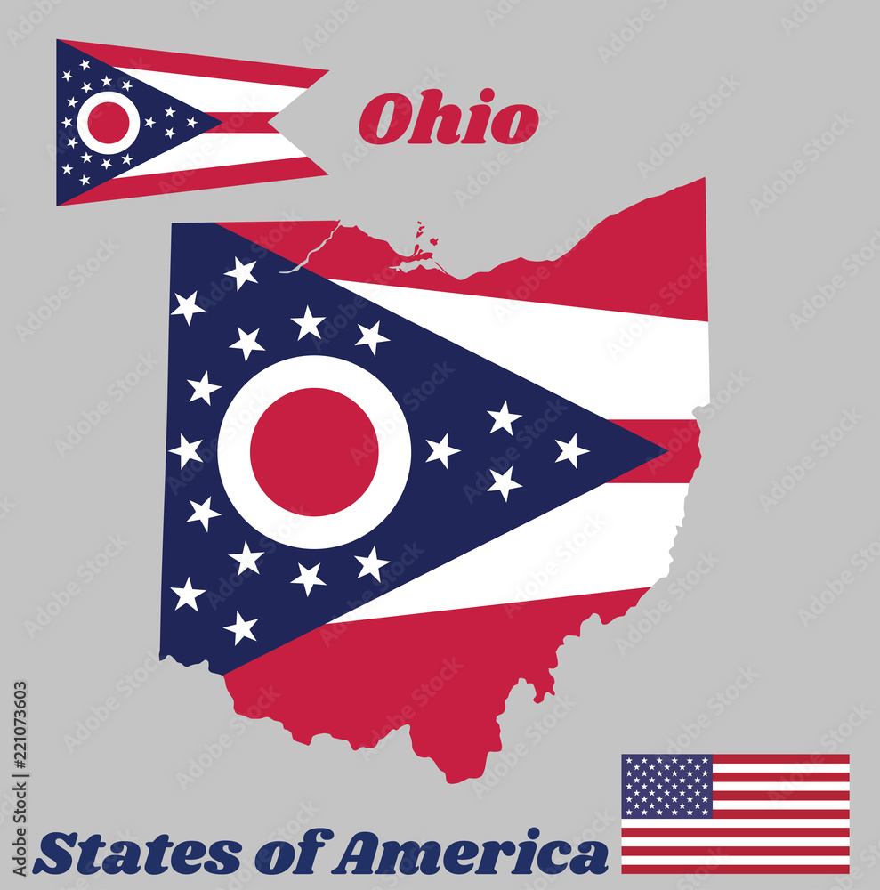 Map outline and flag of Ohio, Guidon consisting of 5 horizontal stripes ...