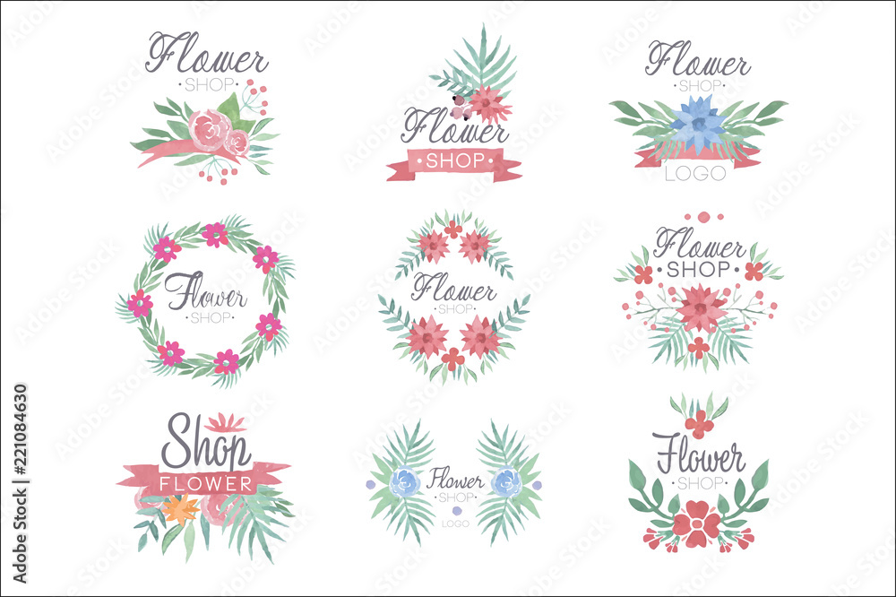 Flower shop logo design set of colorful watercolor vector Illustrations ...
