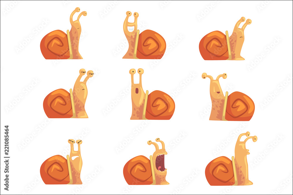 Funny cartoon snails showing different emotions set, cute comic snail ...