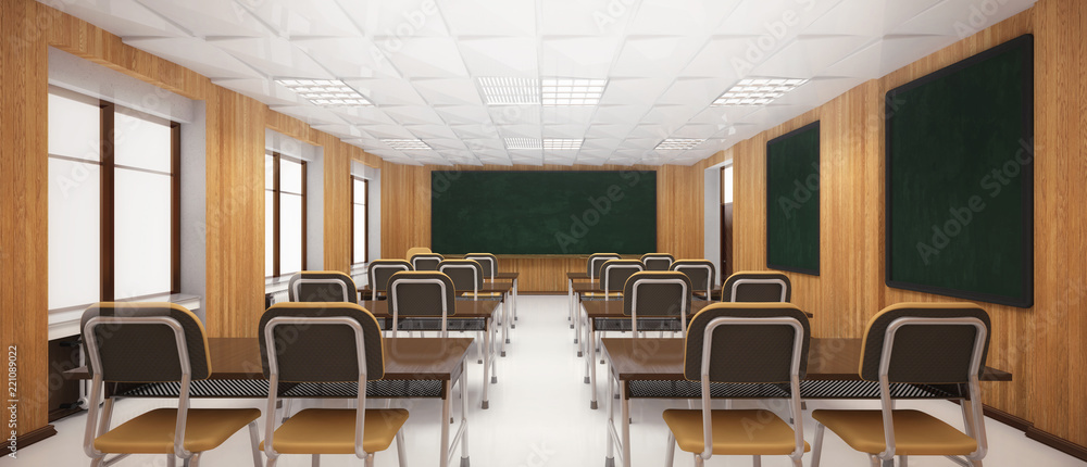 wooden modern classroom interior front view, education 3D render ...