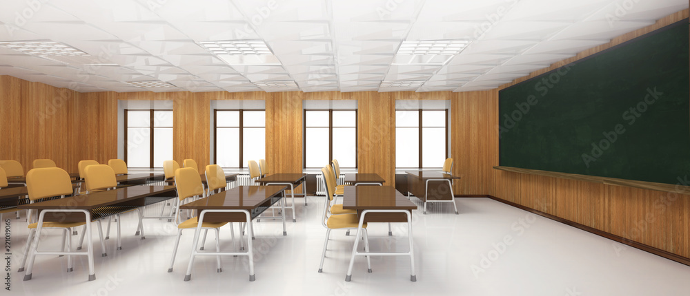wooden modern classroom interior side view, education 3D render ...