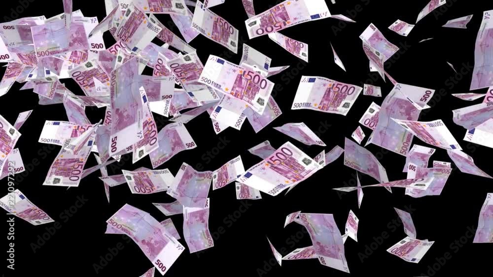 Flying 500 Euro banknotes in fast motion isolated on a black background ...