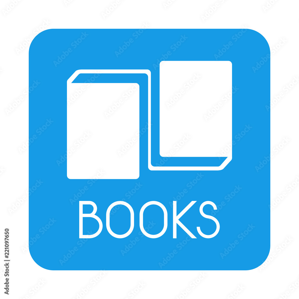 Icono plano BOOKS libros con reflejo en cuadrado azul Stock ...