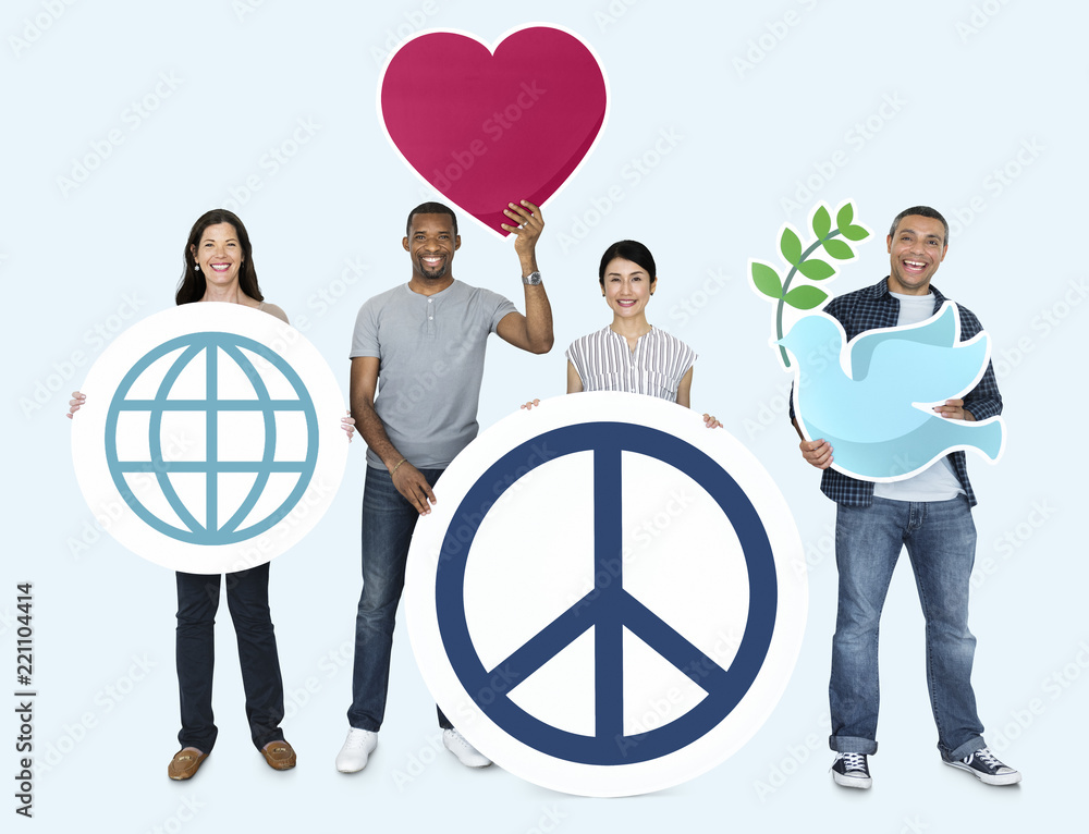 Happy diverse people holding world peace icons Stock Photo | Adobe Stock