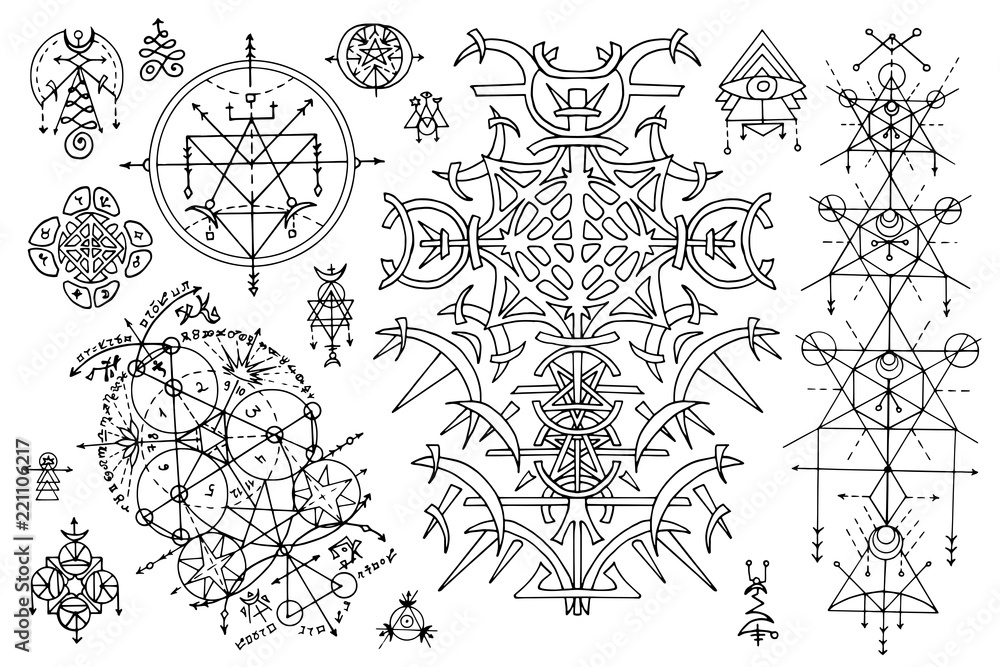 Design set with gothic abstract patterns and mystic symbols on white ...