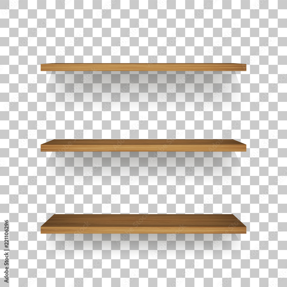 Wooden shelf on transparent background with soft shadow. 3D empty ...