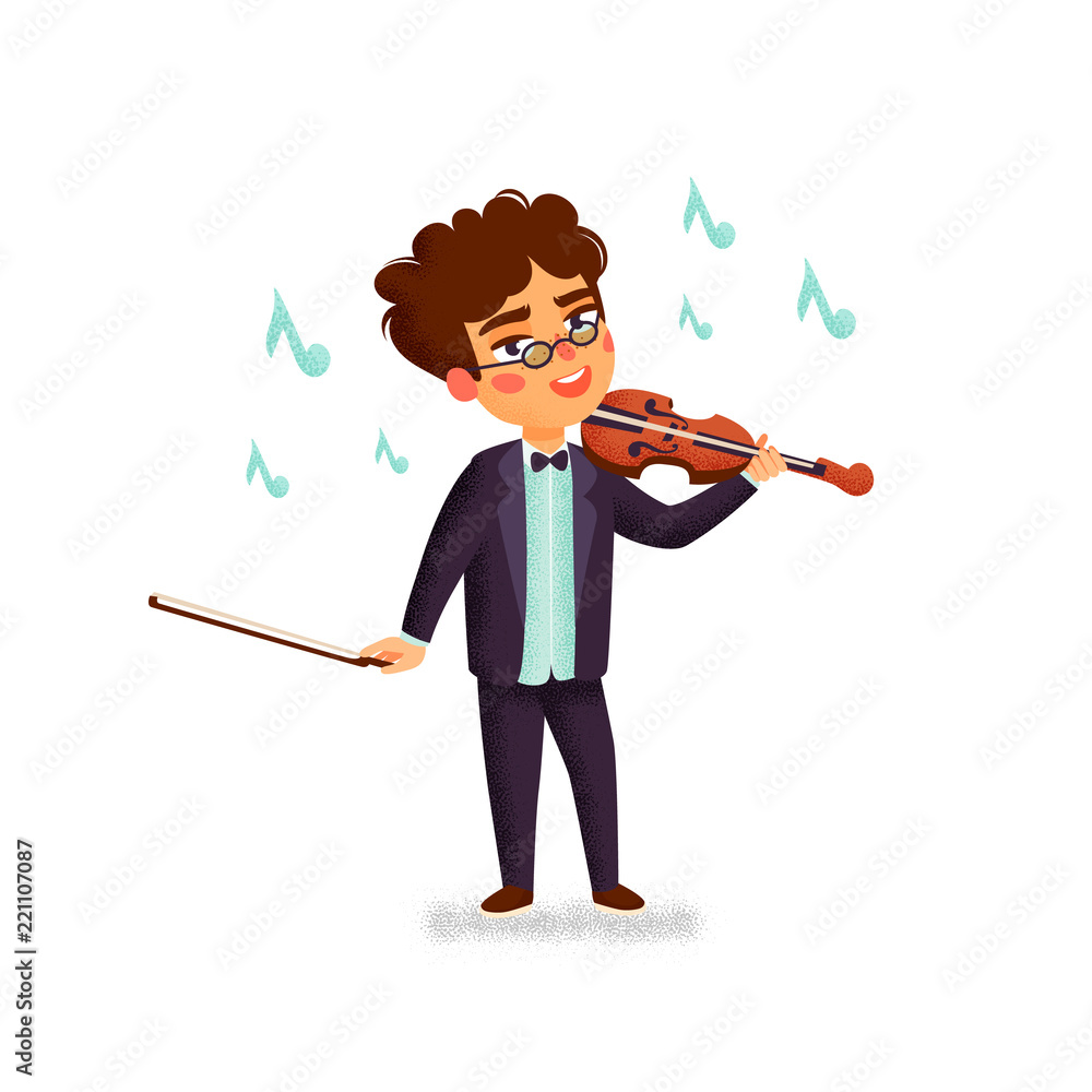 Music school. Violinist. Boy character playing violin. Children with ...