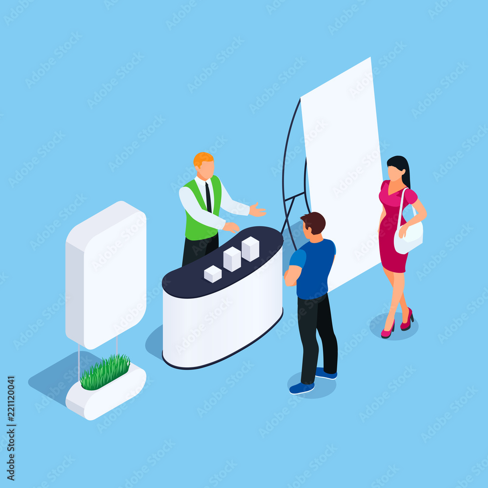 Isometric promotional booth with promoter. Stock Vector | Adobe Stock