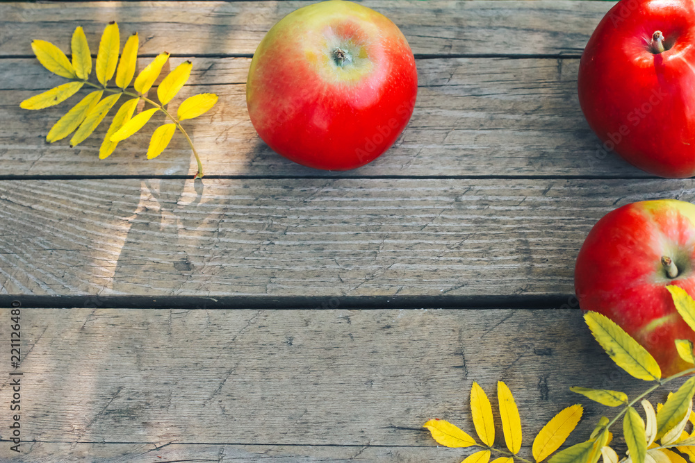 Fresh apples and fall foliage on wooden planks. Autumn background ...