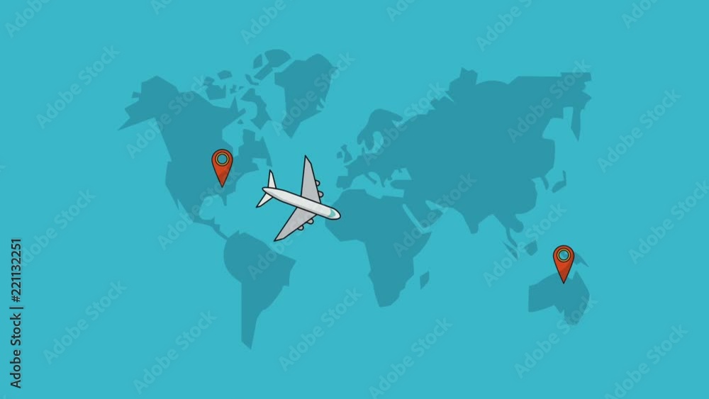 Airplane flying to destination over world map high definition colorful ...