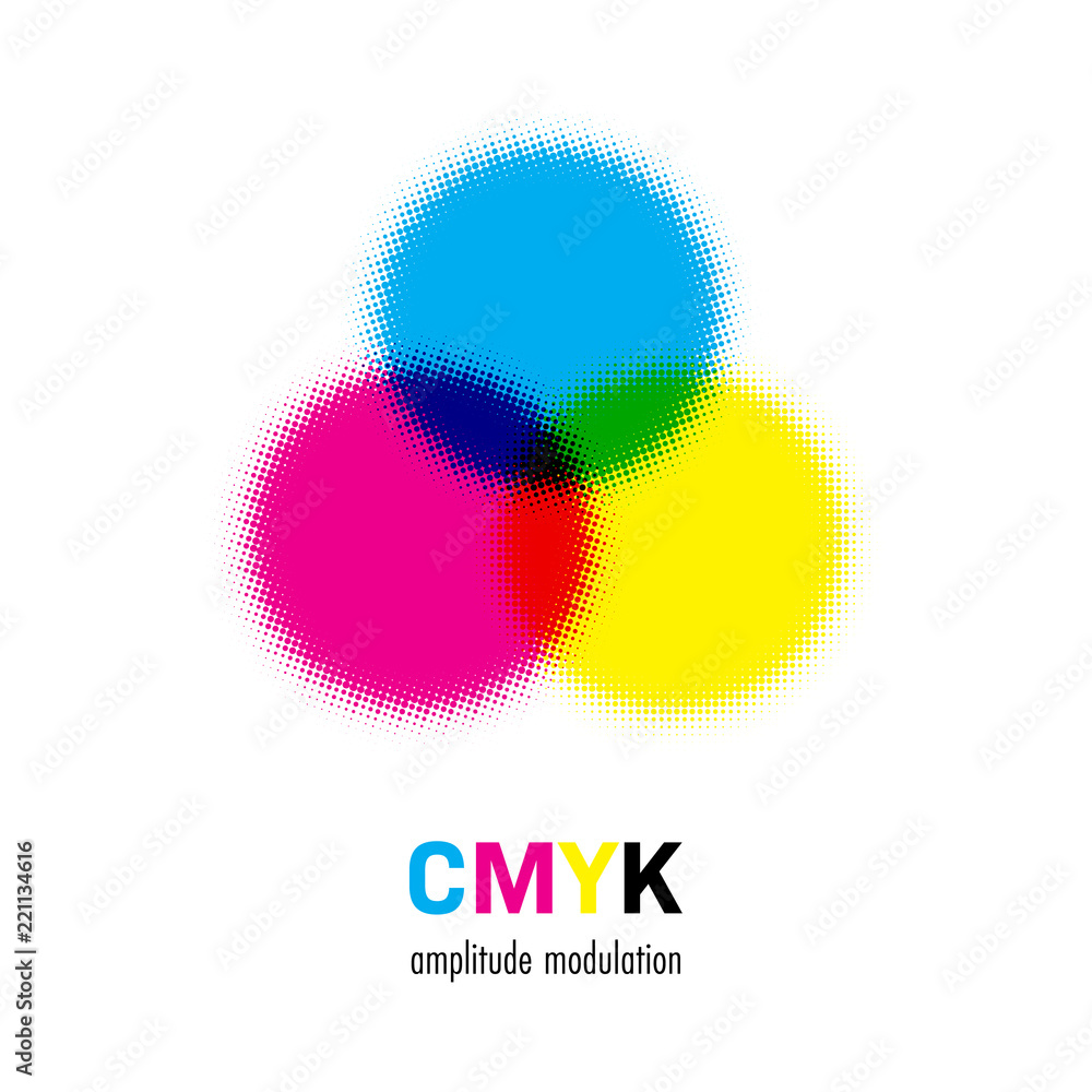 Halftone circles in CMYK colors. Color mixing in offset printing ...