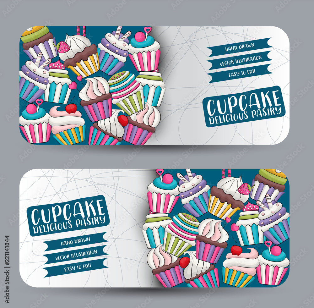 Cupcake bakery horizontal banner set. Cute template for menu ...