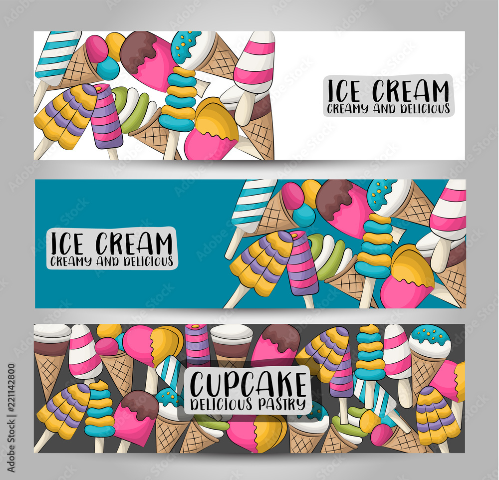 Ice cream cone and popsicle delicious dessert horizontal banner set ...