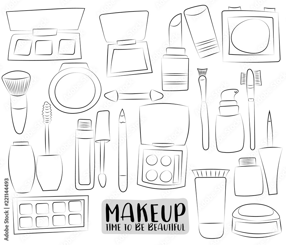 Makeup and beauty set of icons and objects. Hand drawn cartoon style ...